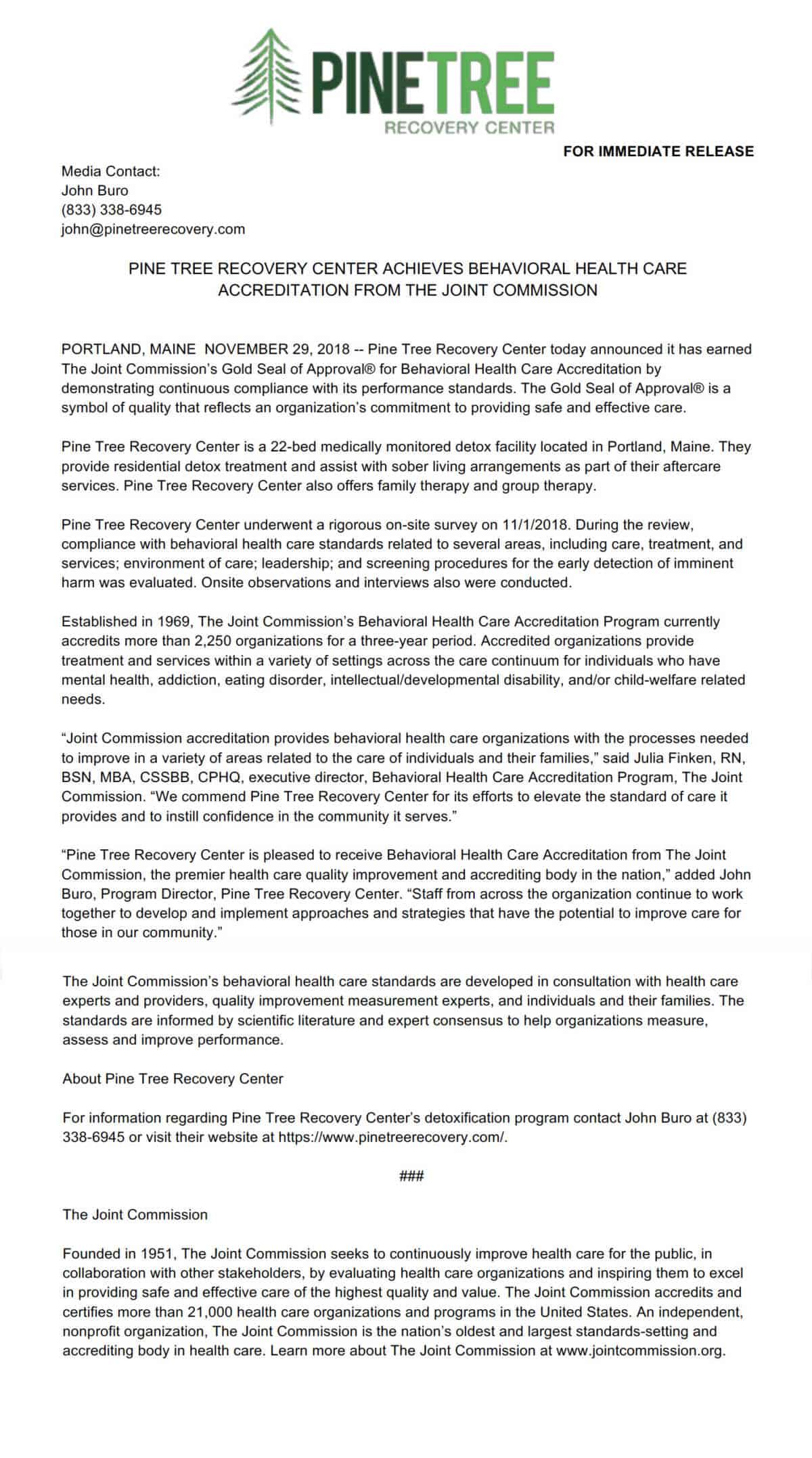 Pine Tree Recovery Center Earns Coveted Accreditation From the Joint ...